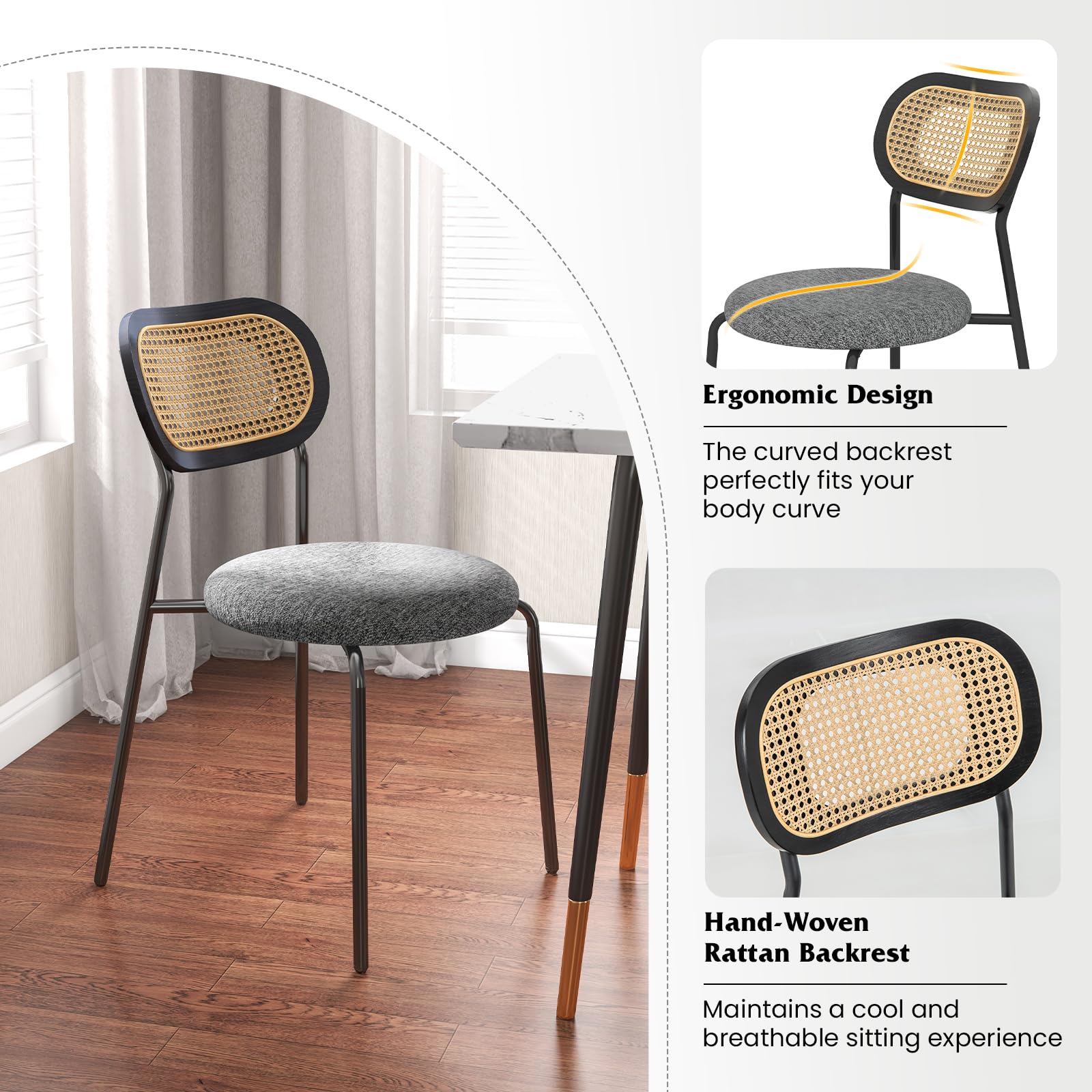 Giantex Rattan Dining Chairs Set of 2, Upholstered Kitchen Chairs with Metal Legs, Max Load 300 Lbs, PU Leather Dining Side Chairs with Round Padded Seat, Modern Dinner Chair for Dining Room, Brown