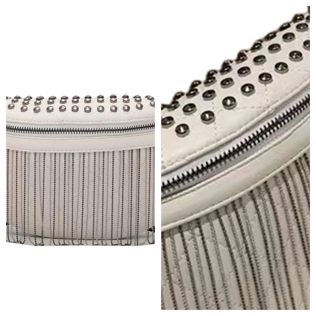 IAMUHI Women Vegan Leather Cross Chest Bag Rivets Fringed Shoulder Handbag Purse Waist Bag,White