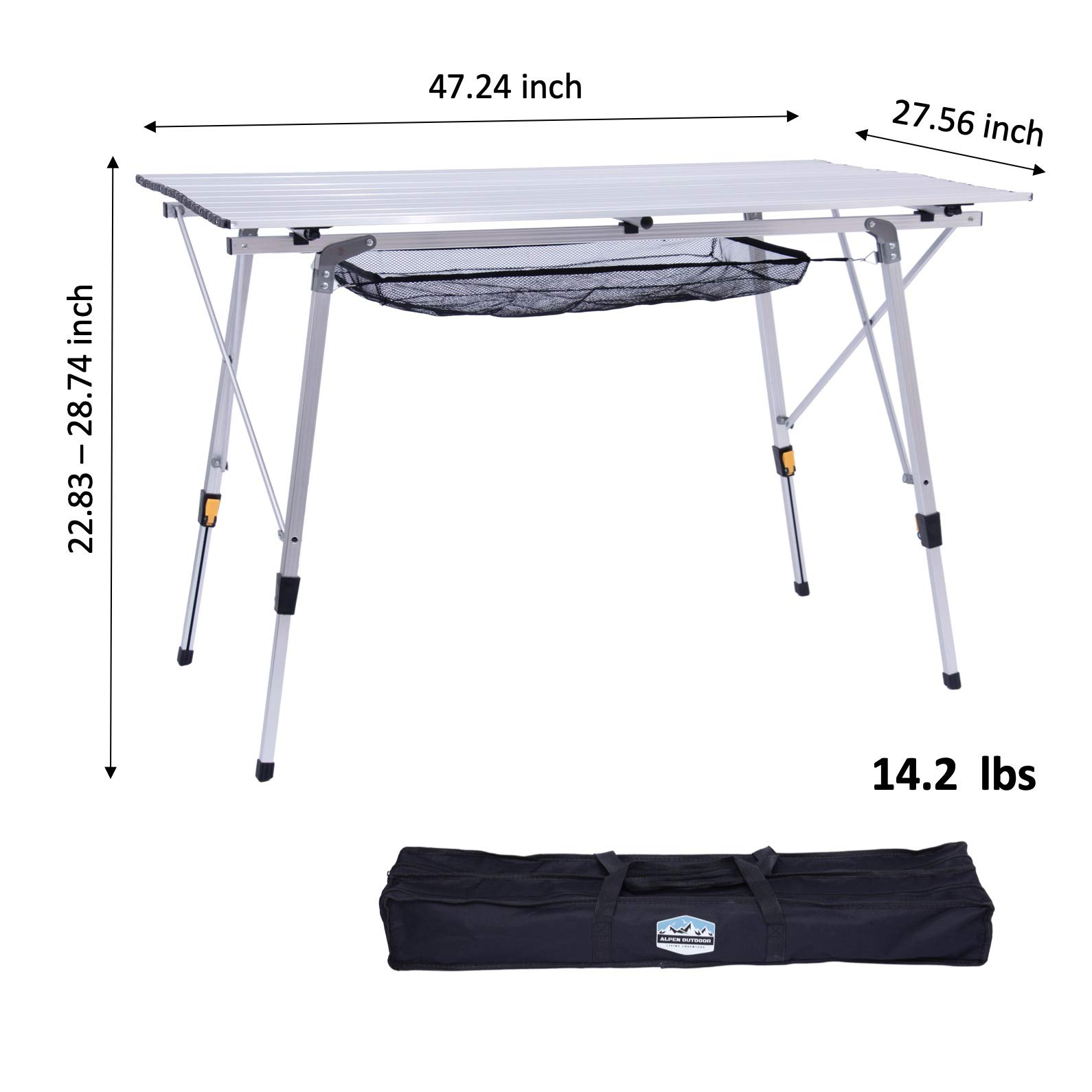 Genric Alpen Outdoor Folding Aluminum Camping Table with Adjustable Table Legs for Outdoor Picnic Beach BBQ, Lightweight Camp Table with Mesh Layer and Carry Bag and Beer Holders (47 x 27 inch)