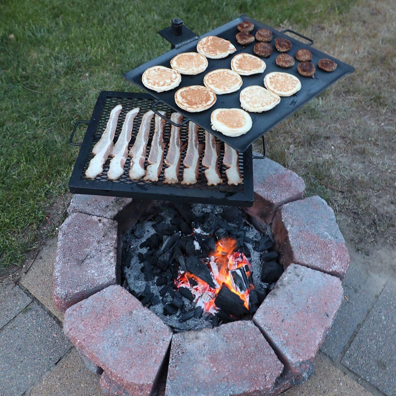 GameMaker - Open Fire Cooking Gravity Combo Grill & Skillet, Ultimate Camping Cooking Tool Black, Grill dimensions: 18.5” x 16.375”