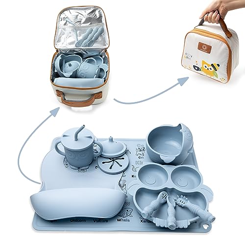 GIVWATER Owl-Themed Baby Led Weaning Supplies with Reusable Travel Cooler Bag, 16 pcs Silicone Baby Feeding BLW Set (Light Pink)