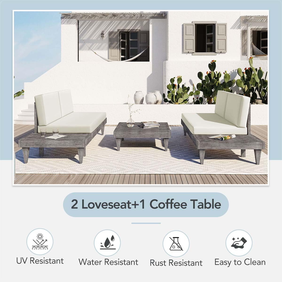 FOURBF 3-Piece Outdoor Patio Furniture Set Solid Wood Sectional Sofa Set with Coffee Table, Patio Conversation Set with Side Table and Cushions, Grey+Beige
