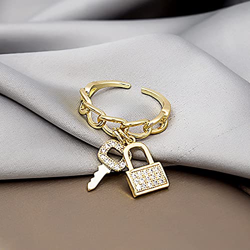 GANGYUN Open Zircon Crystal Lock Key Padlock Cuff Finger Rings for Women Adjustable Punk Infinty Chain Rings Jewelry (Gold)