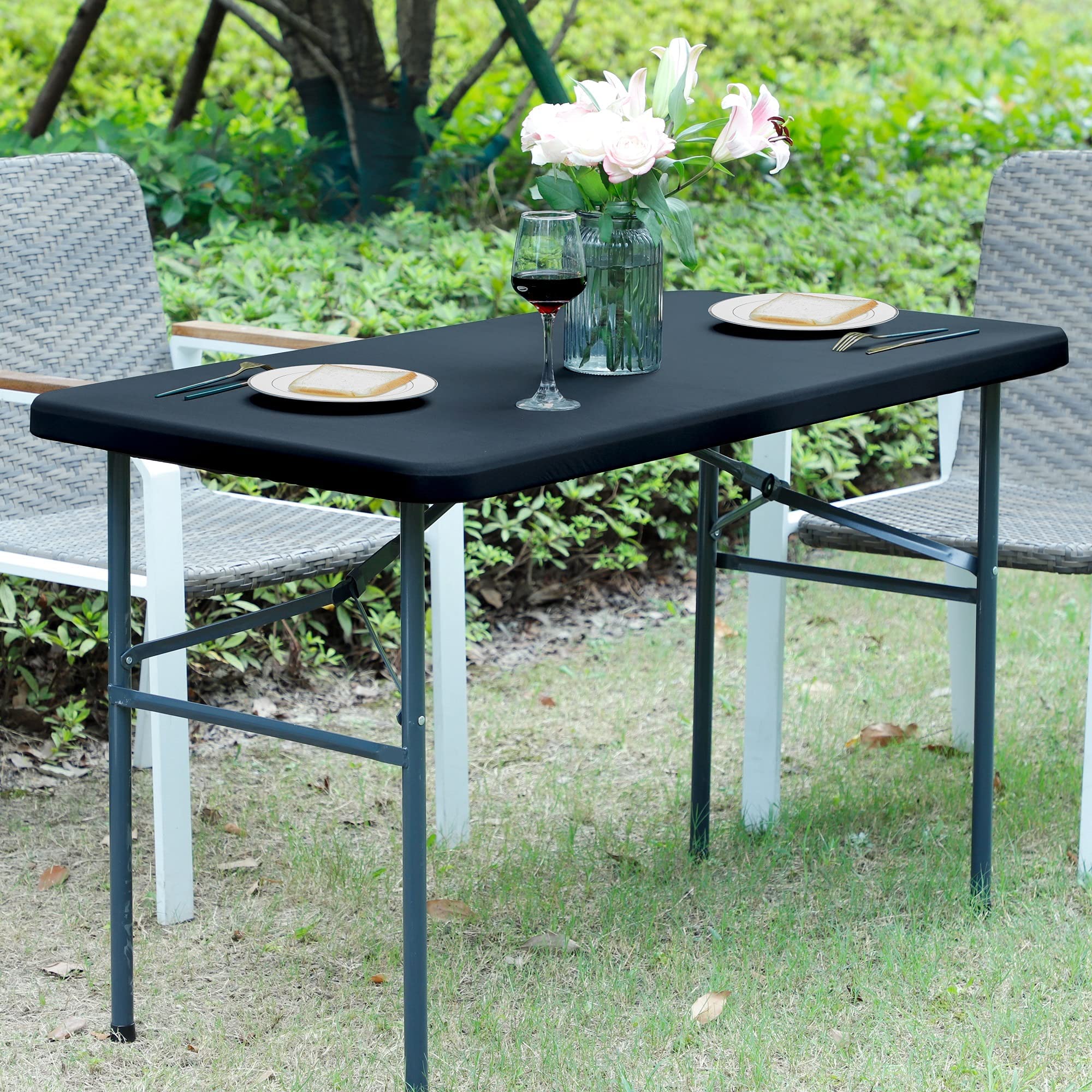 NEWISHER 2 Pack Fitted Tablecloth Rectangle 4ft Elastic Edge Spandex Table Top Cover for Picnic Outdoor Camping Park Patio Black 23 x 48 inch