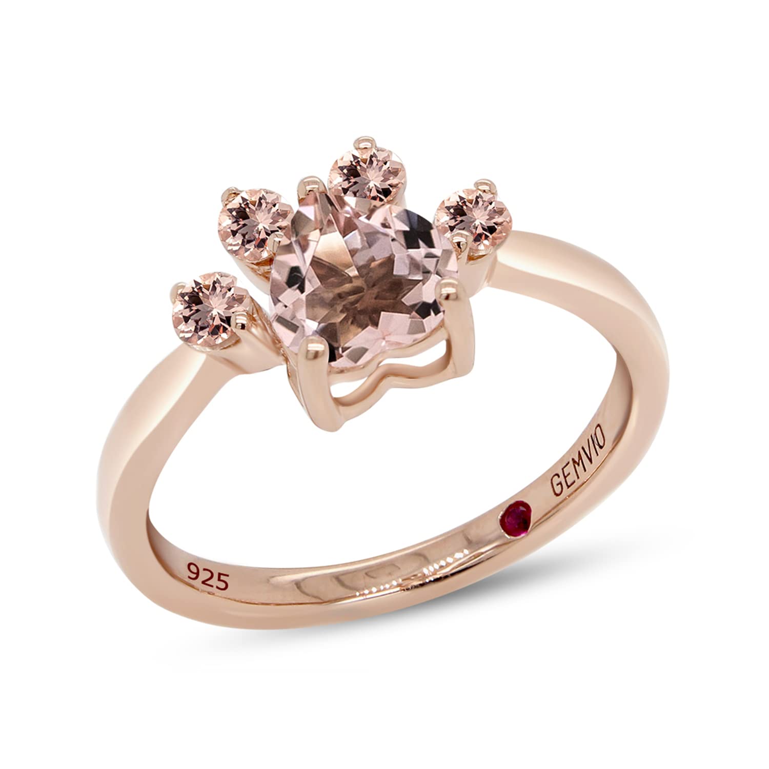 GEMVIO Collection Blush 6MM Heart Peach Morganite Gemstone Cat Paw Ring In 14k Rose Gold Over Sterling Silver Gifts For Womens Promise Anniversary Wedding Ring Size-5