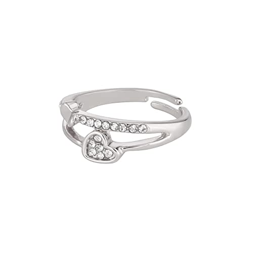 Guoshang Women Double Layered Heart Shape CZ Crystal Ring Rose Gold Silver 2 Colors Simulated Diamond Ring Opening Ring,Silver,1 Pc