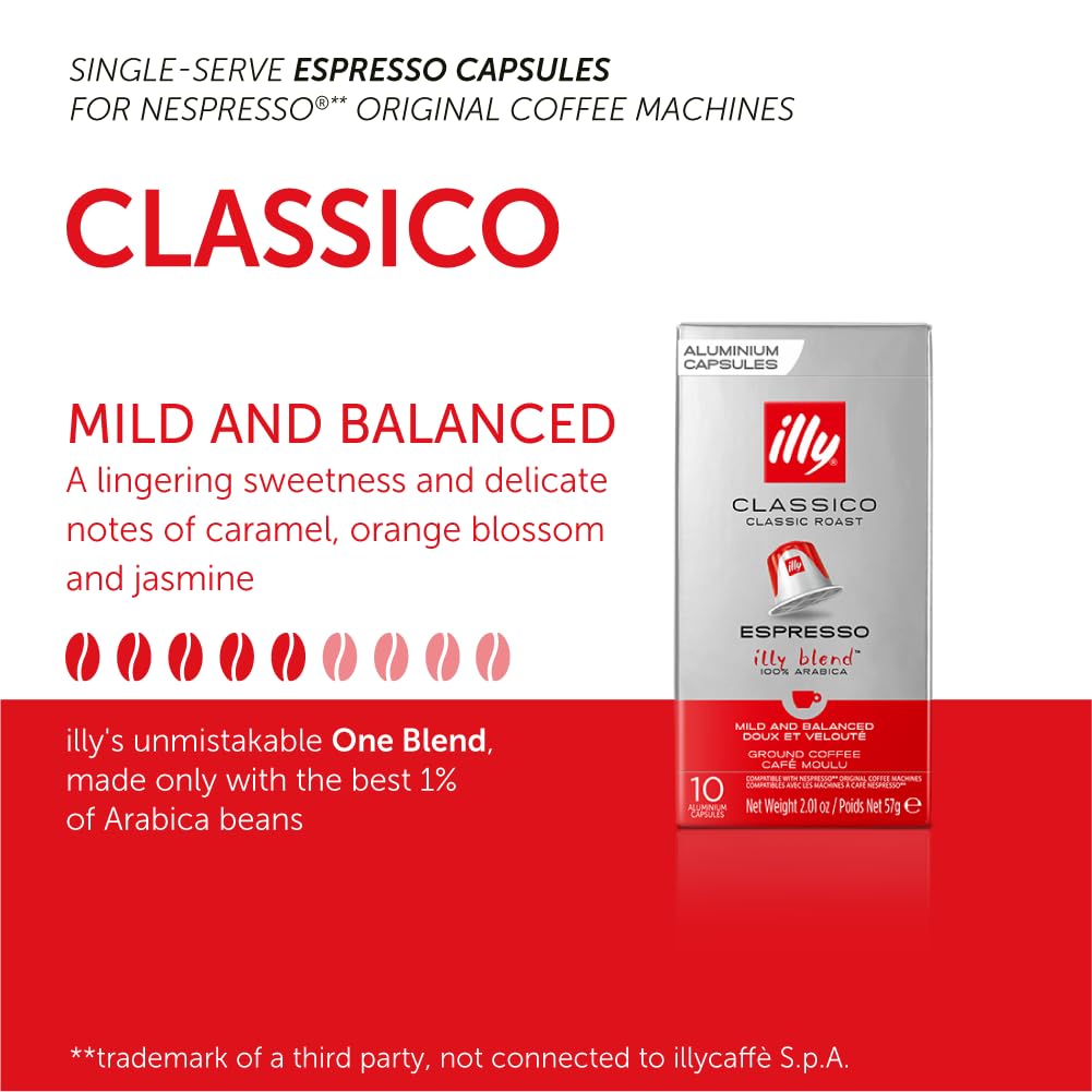 Illy Espresso Compatible Capsules - Single-Serve Coffee Capsules & Pods - Classico Roast - Notes Of Caramel, Orange Blossom & Jasmine Coffee Pods - For Nespresso Coffee Machines โ 10 Count