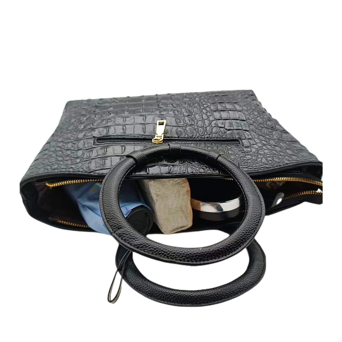 IAMUHI Womens Crocodile Satchel Handbag Vegan Leather Top Handle Tote Shoulder Cross Body Bag Purse,Black