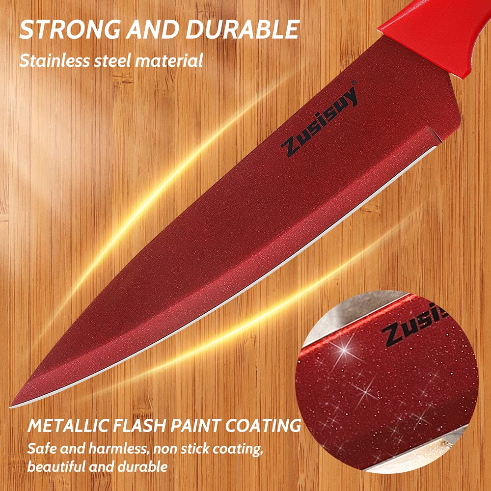 Zusisuy Red Professional Kitchen Knife Chef Set, Kitchen Knife Set Stainless Steel, Kitchen Knife Set Dishwasher Safe with Sheathes
