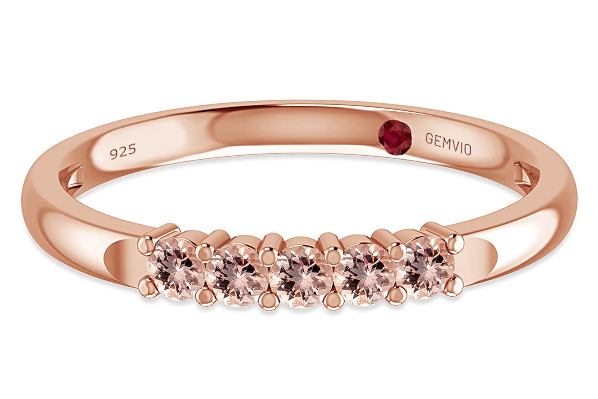 GEMVIO Collection Five Stone Ring, Round Cut Natural Morganite Gemstone Engagement Ring in 14K Rose Gold Over Sterling Silver Anniversary Wedding Band Ring(0.15 Cttw)-5.5