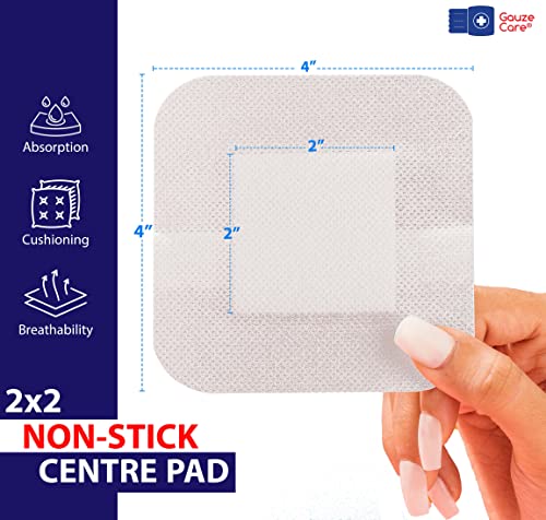GauzeCare Island Dressing 4x4 inch 28 Pcs| Individually Packed Sterile Pouches| 2x2 Non-Stick Pad in Center with Acrylic Adhesive Borders| Water-Resistant Adhesive Pads for Wound Care and Dressing