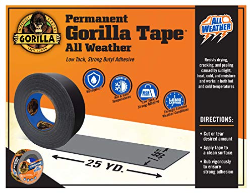 Gorilla All Weather Outdoor Waterproof Duct Tape, UV and Temperature Resistant, 1.88" x 25 yd, Black, (Pack of 6)