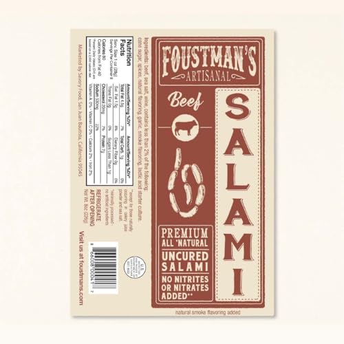 Foustman's Salami Beef Artisanal, Nitrate-Free, Naturally Uncured, Gluten-Free, Dairy-Free, No Pork, 8 Oz Sticks