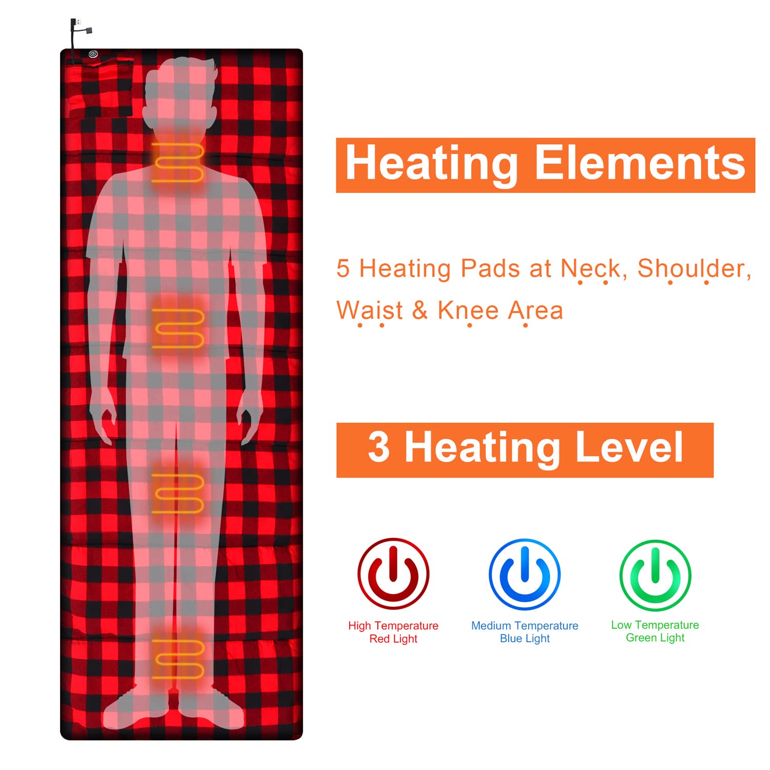 Heated Sleeping Bag Liner, Cotton Flannel Lined Sleeping Pad with 5V USB Power Support Heating Pad, Multifunctional Waterproof Heated Sleeping Pad for Cold Weather Camping, Backpacking or Hiking (Red)