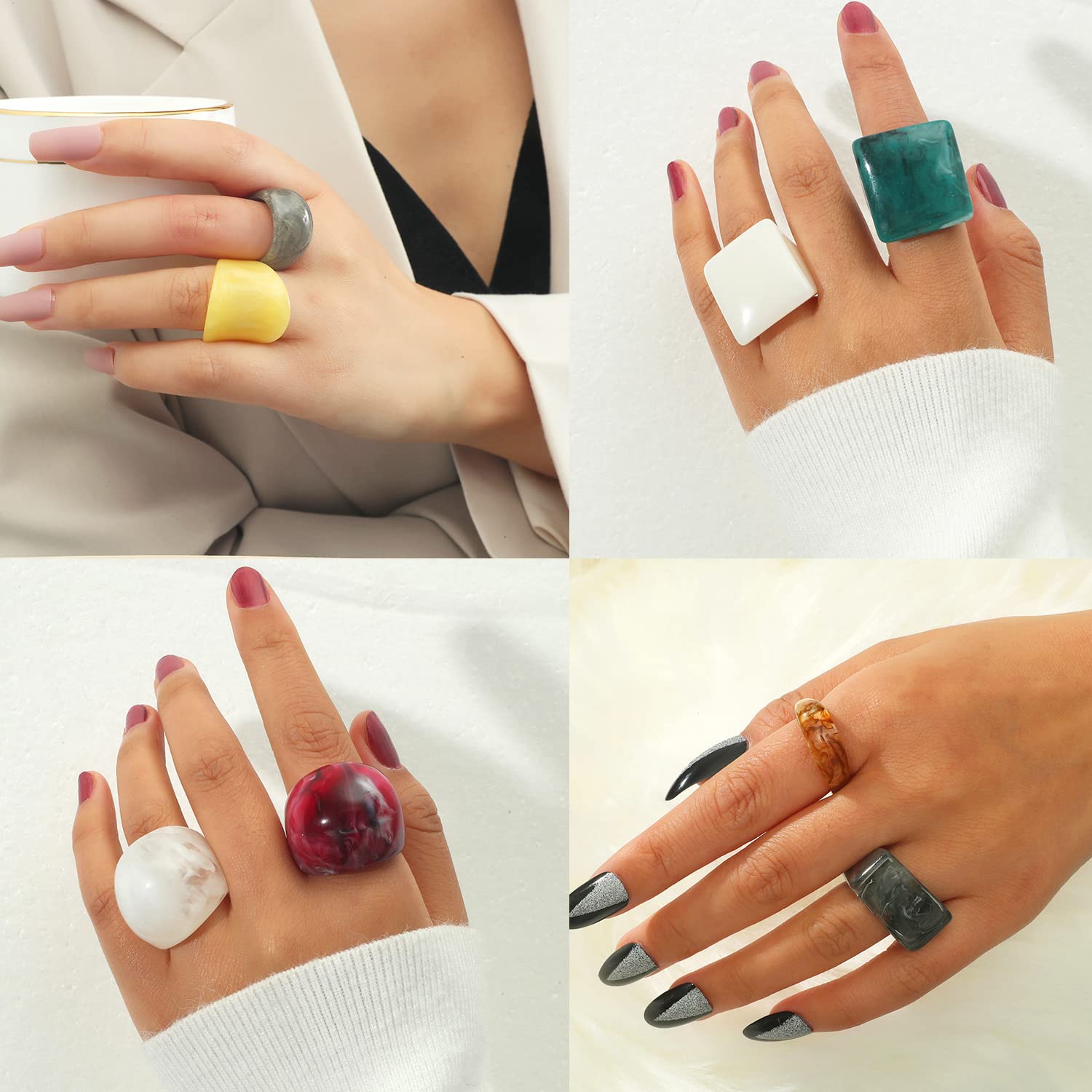 GRHOSE Resin Chunky Rings Acrylic Resin Rings Wide Thick Dome Knuckle Finger Stackable Joint Ring Retro Acrylic Transparent Vintage Plastic Resin ring sets