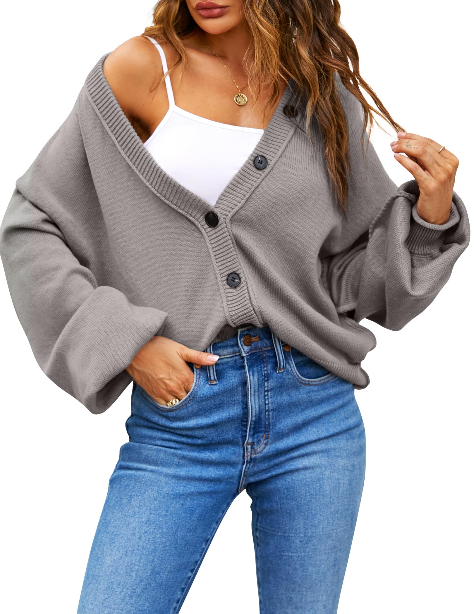 GAMISS Lantern Sleeve Cardigan Sweater for Women Oversized Cardigan Tops Button Down Trendy Tops Grey, XL