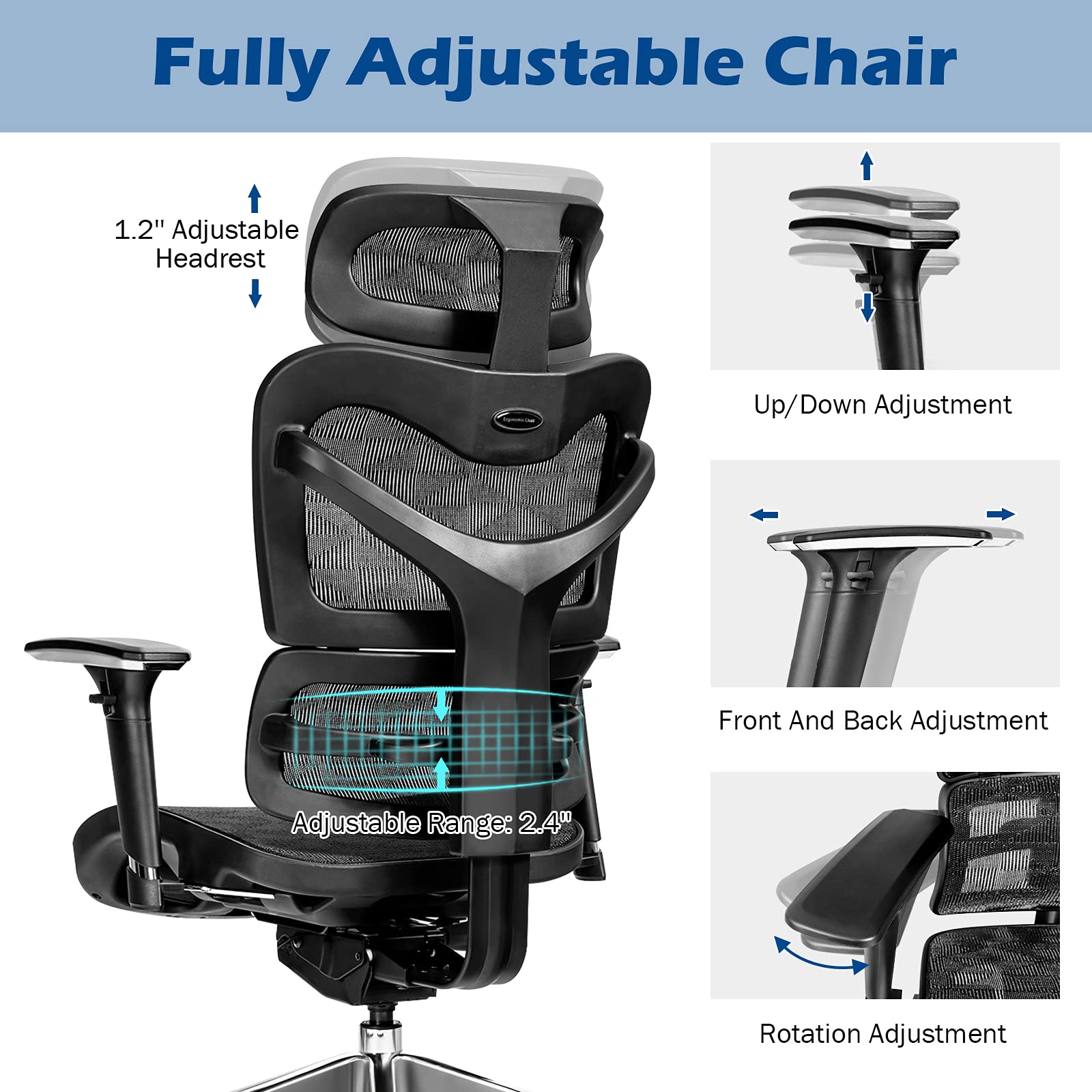 Giantex Ergonomic Office Chair, High Back Computer Chair w/Lumbar Support & 3D Armrests, Rolling Swivel Chair w/Adjustable Headrest & Tilt Function, Mesh Desk Chair for Home Office Executive Gaming
