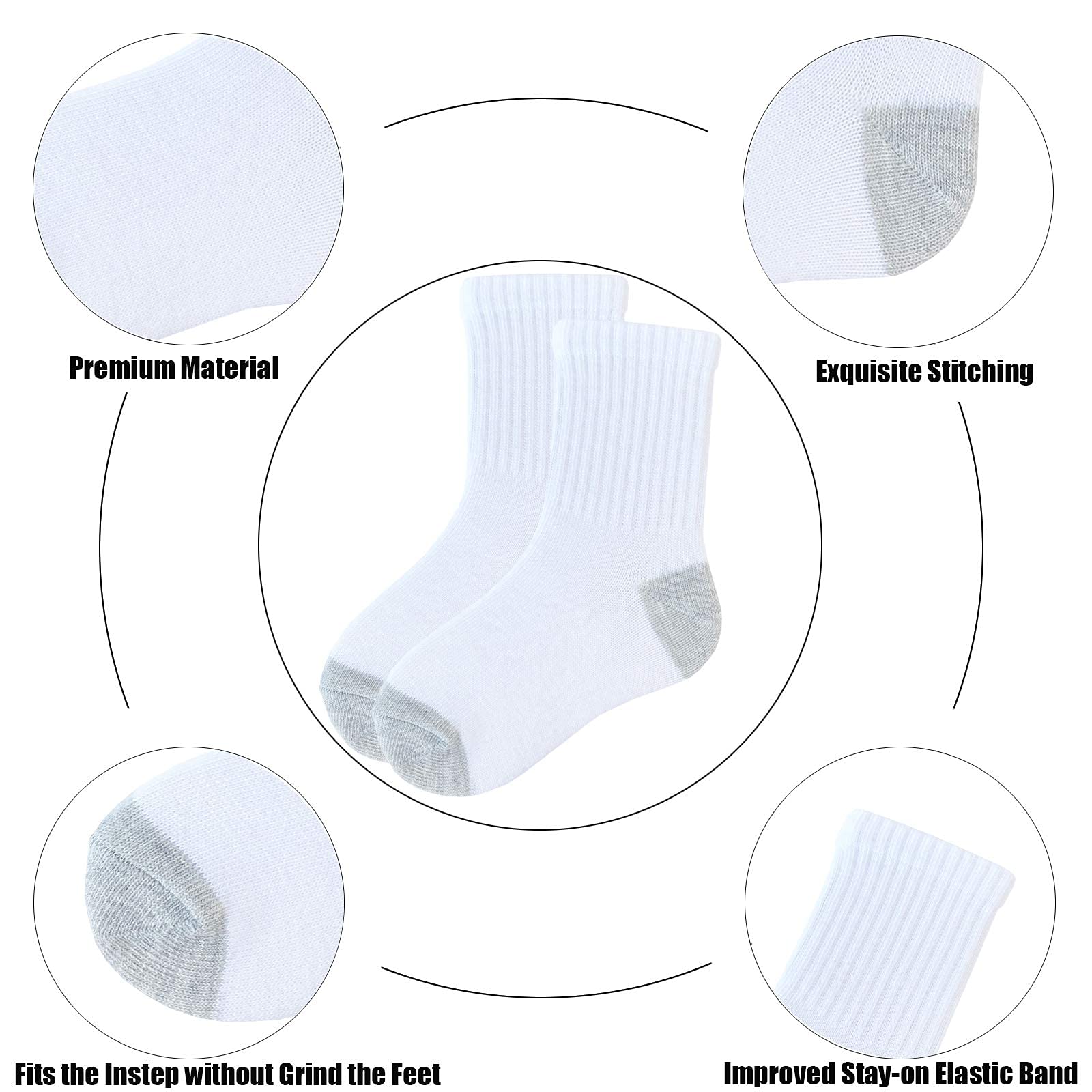 JAMEGIO Boys Crew Socks 12 Pairs Stretch Cushioned Athletic Cotton Socks for Big Little kids,Socks for Boys Age 2-8(4-6 Years)