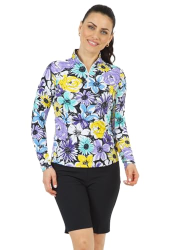 IBKUL Athleisure Wear Sun Protective UPF 50+ Icefil Cooling Tech Medeline Print Long Sleeve Mock Neck Top – 10260 Orange Multi Medeline L