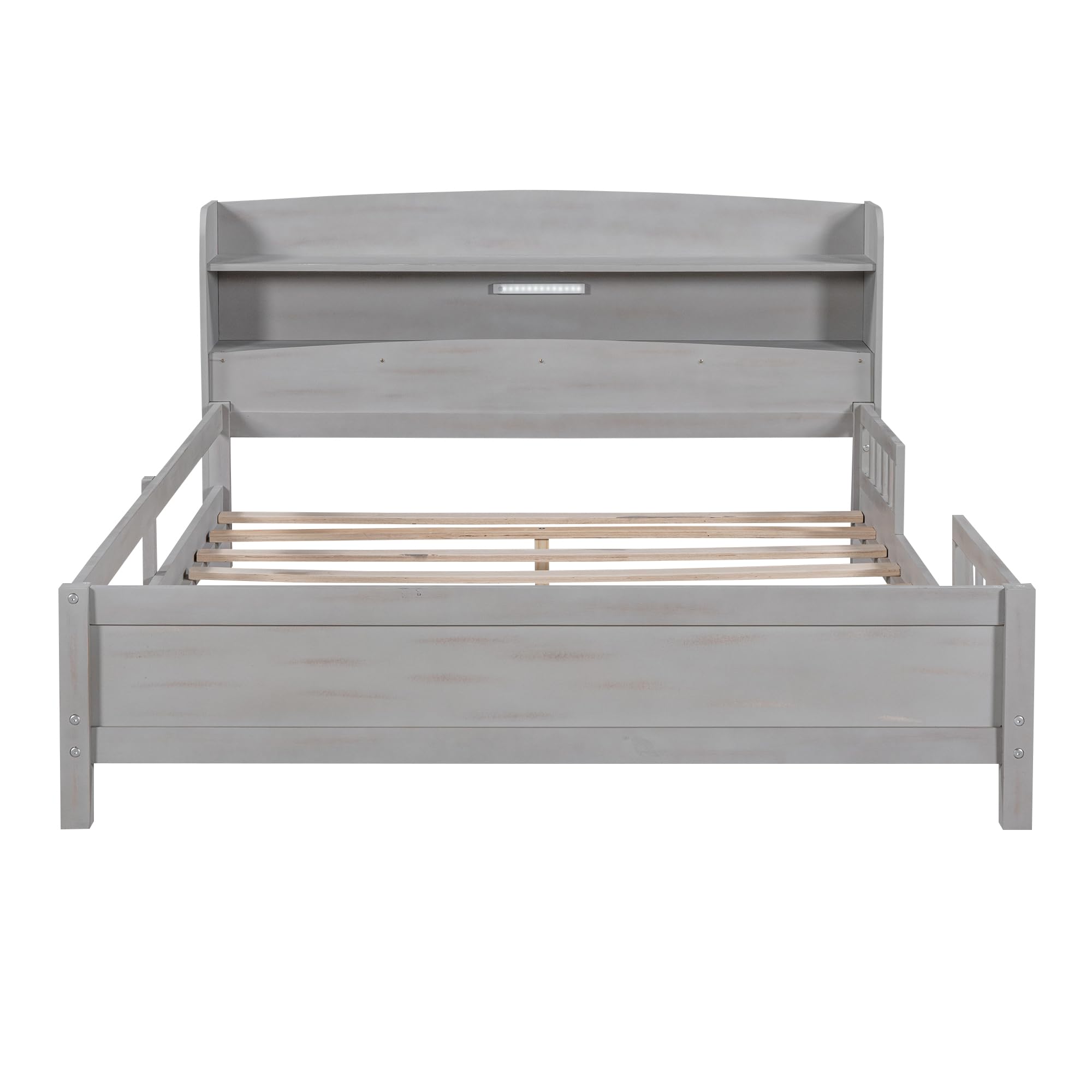 GJHOME Full Size Platform Bed with Built-in LED Light, Storage Headboard and Guardrail, Antique Grey for Kids and Adult Bedroom