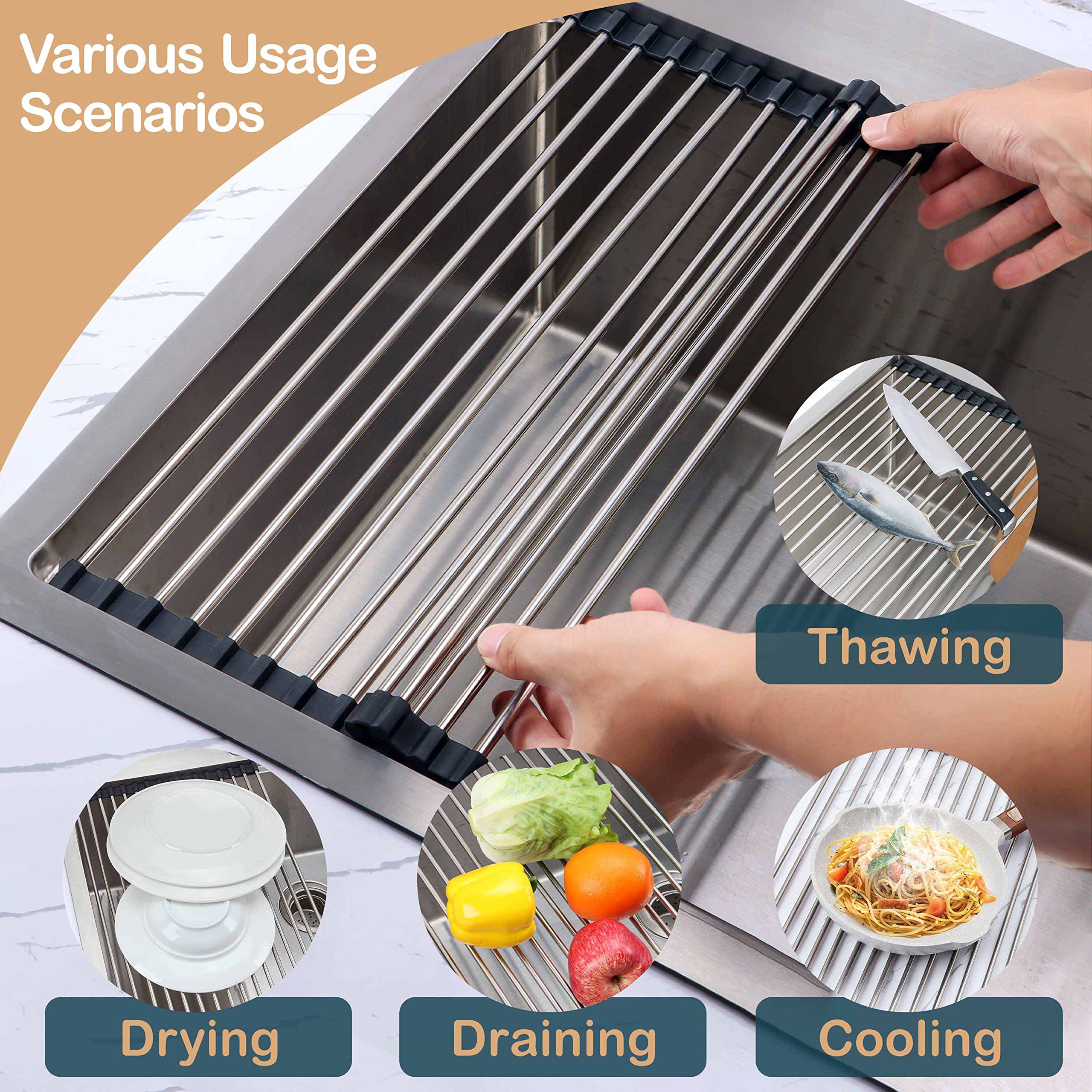 Herogo Roll Up Dish Drying Rack, Versatile Over The Sink Dish Drying Rack for Kitchen Sink, Stainless Steel Kitchen Sink Drying Rack for Kitchen Counter, 17.8” x 12”, Heat-Proof & Slide-Proof