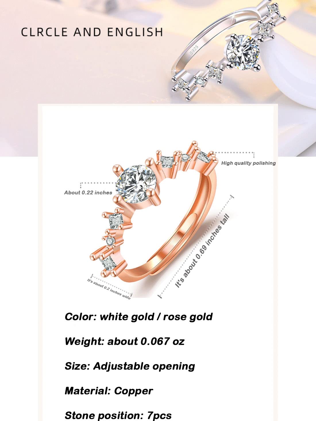 HONYAT Simulation Diamond Ring Wedding or Engagement Opening Copper Silver Plated Adjustable Ring Fashion S925 Sterling Silver Zircon Single Diamond Live Mouth Ring