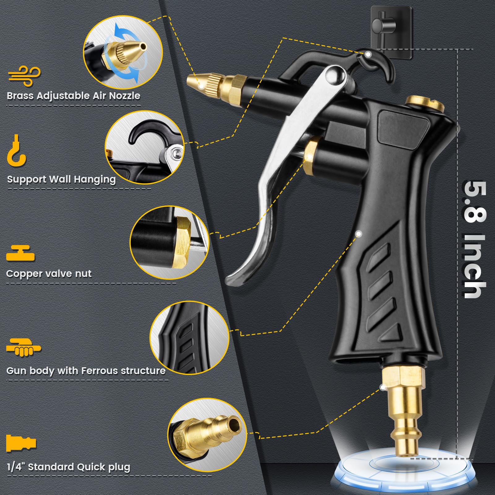 High Volume Air Blow Gun with Brass Adjustable Air Nozzle, Industrial Air Blower Gun with 2 pcs Steel Extensions and 13.7 Inch Universal Blow Hose, Pneumatic Air Gun Air Compressor Accessories Tool