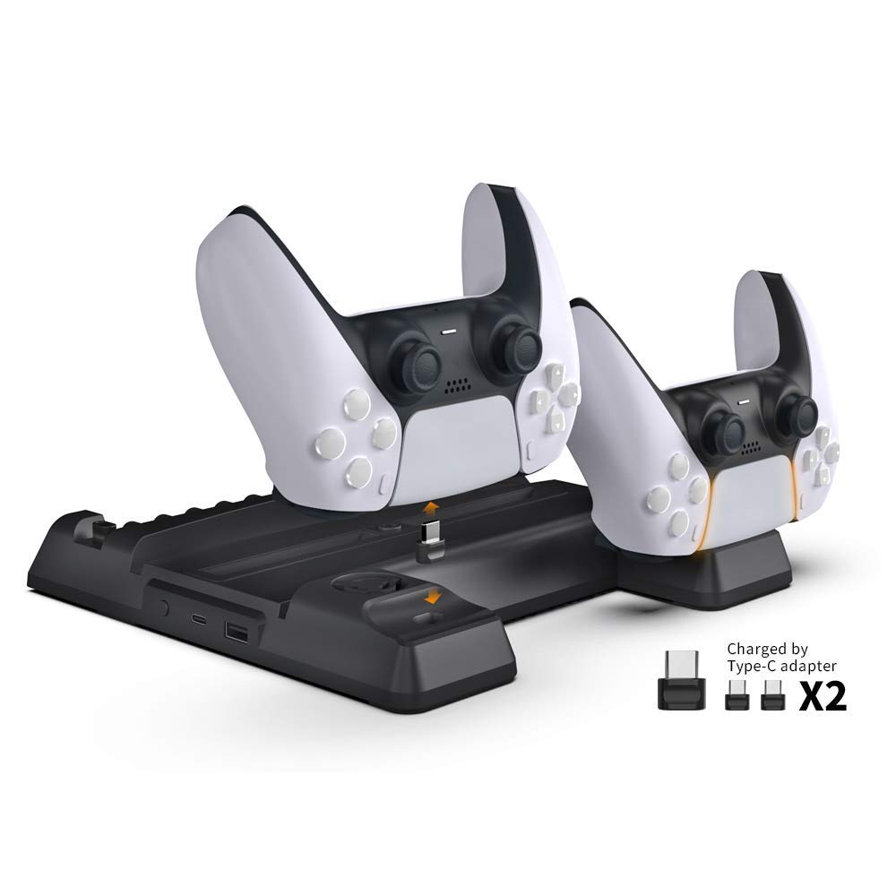 HEATFUN PS5 Charger Stand with Cooling Fan, 3 Levels Adjustable Speed, 12 Game Rack Organizer, Dual USB Ports, LED Indicator, Compatible with Disc and Digital Versions