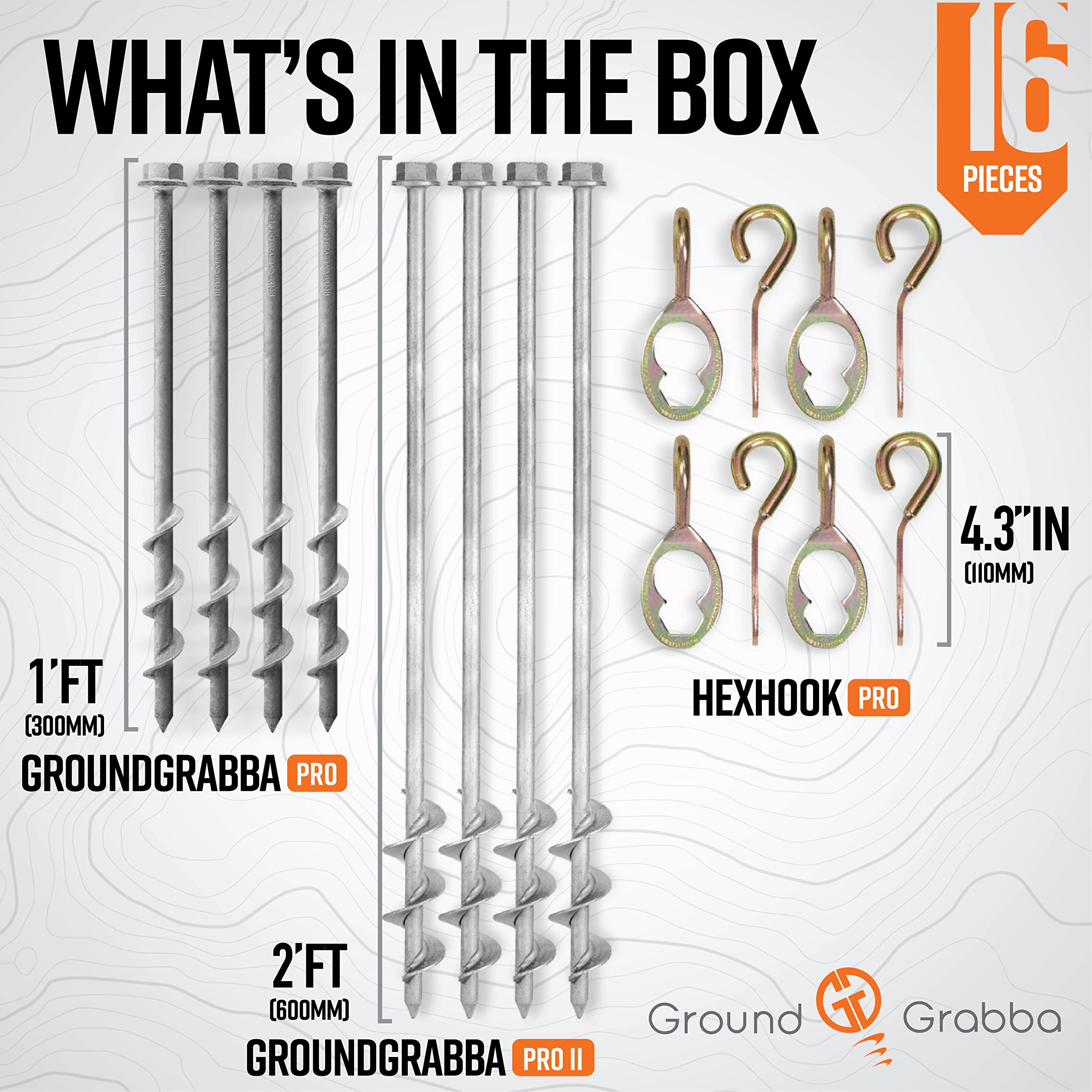 GROUNDGRABBA Screw in Tent Stake Pop Up Combo Pack | 4X GG Pro | 4X GG Pro II | 8X HexHook Pro | Premium Heavy Duty Drill Driven Ground Anchors