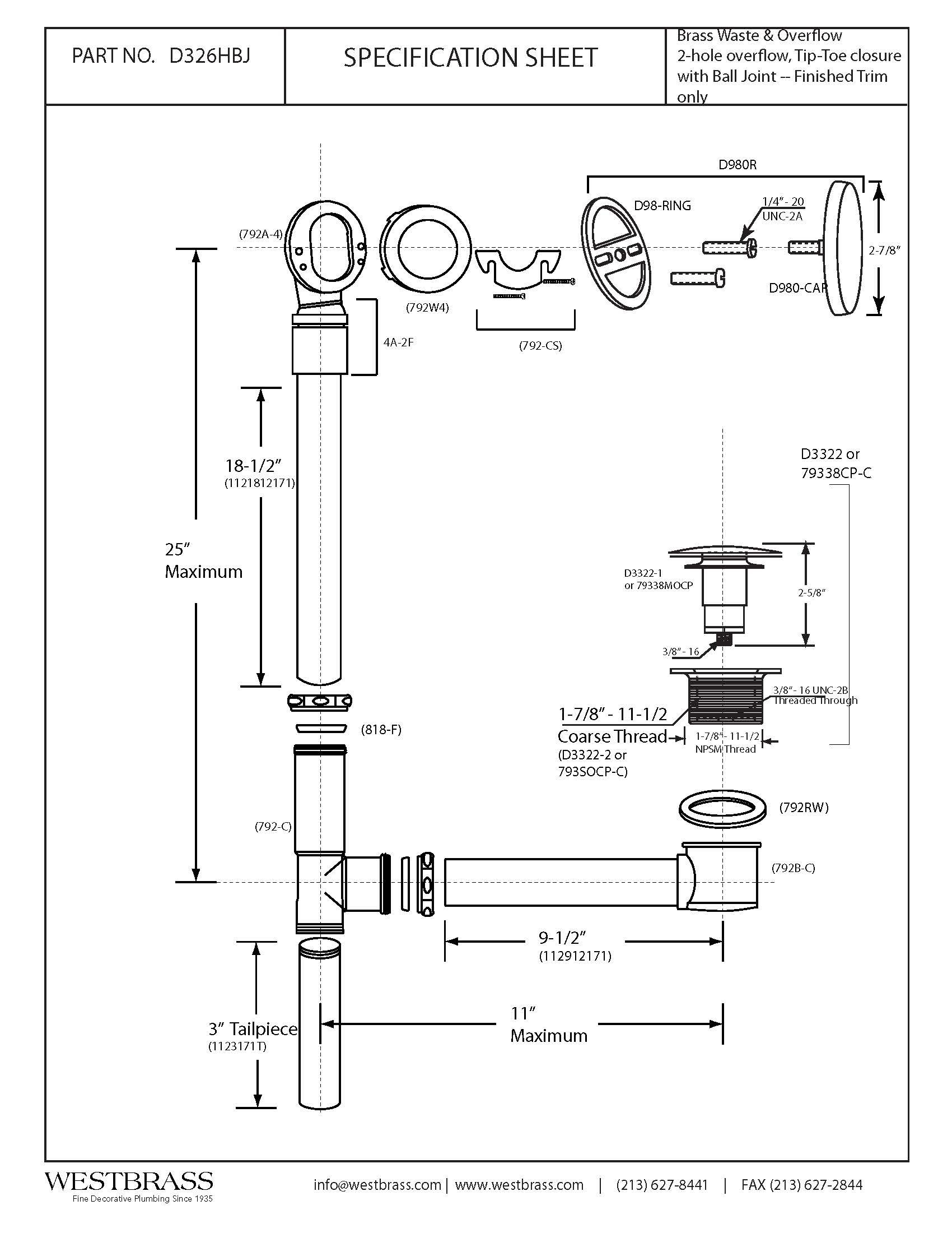 Westbrass D326HBJ-05 25" Bath Waste Assembly with Ball Joint, Tip-Toe Drain and Illusionary Overflow Faceplate, Polished Nickel