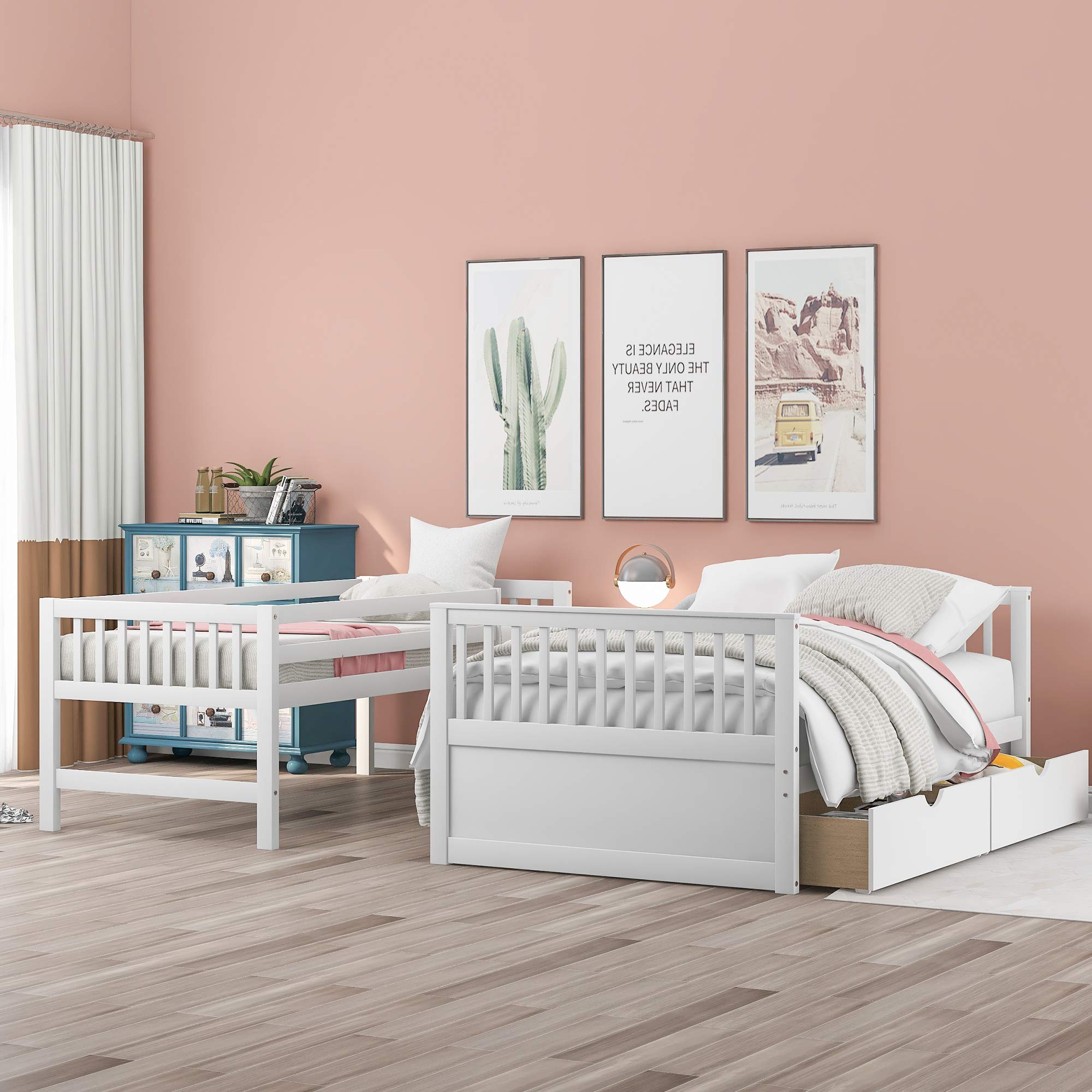 Harper & Bright Designs Twin Over Full Bunk Beds, Storage Low Bunk Beds with Slide and Staircase, No Box Spring Needed (Low Bunk Beds Twin Over Full White)