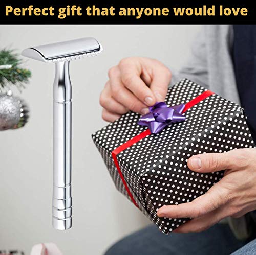 GK Picks – Premium Long Handle 3 Piece Safety Razor Double Edge Traditional Razor Kit includes 10 High Quality Blades