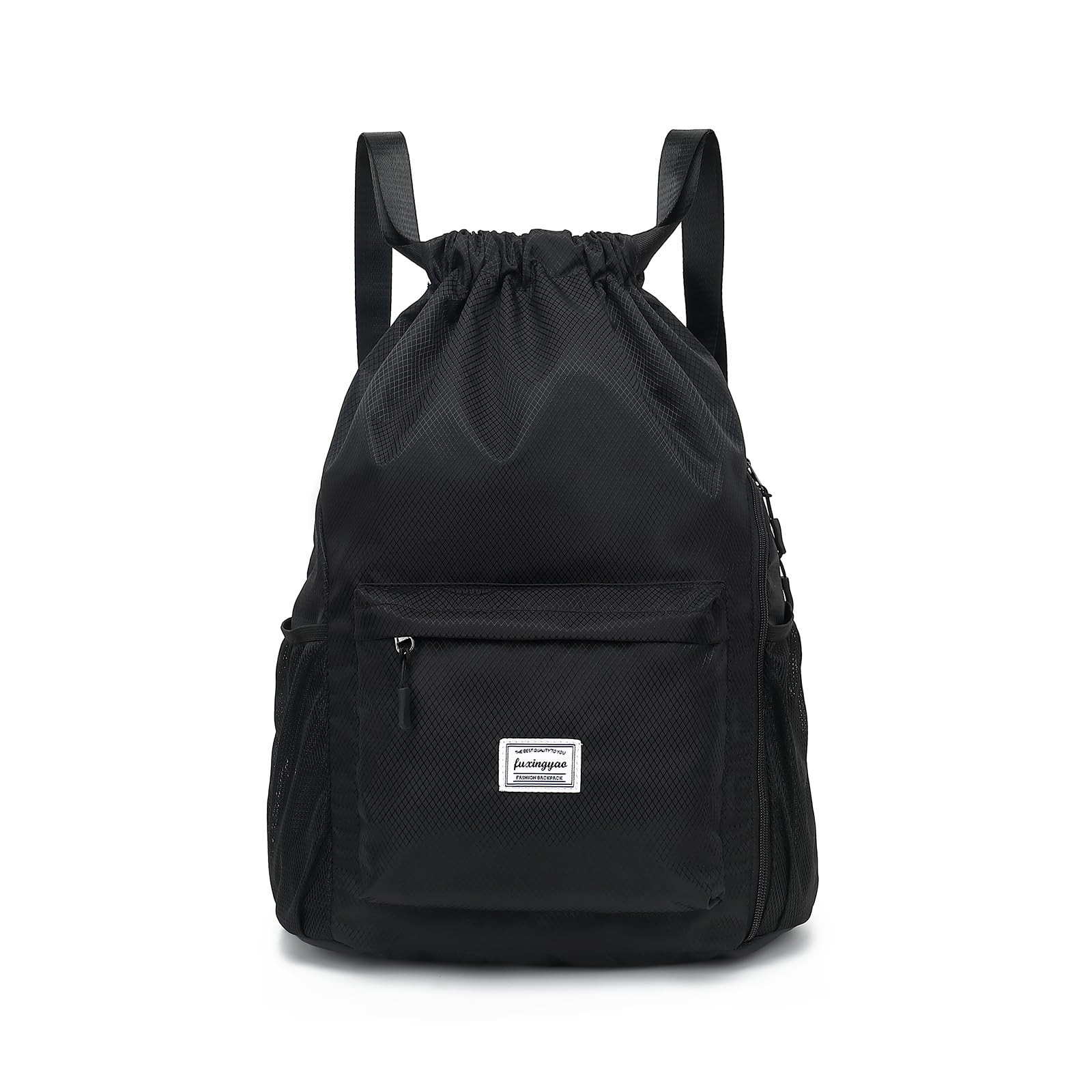 FUXINGYAO Drawstring Backpack Sports Gym Bag with Shoes Compartment, String Backpack Cinch for Women Men (Black)