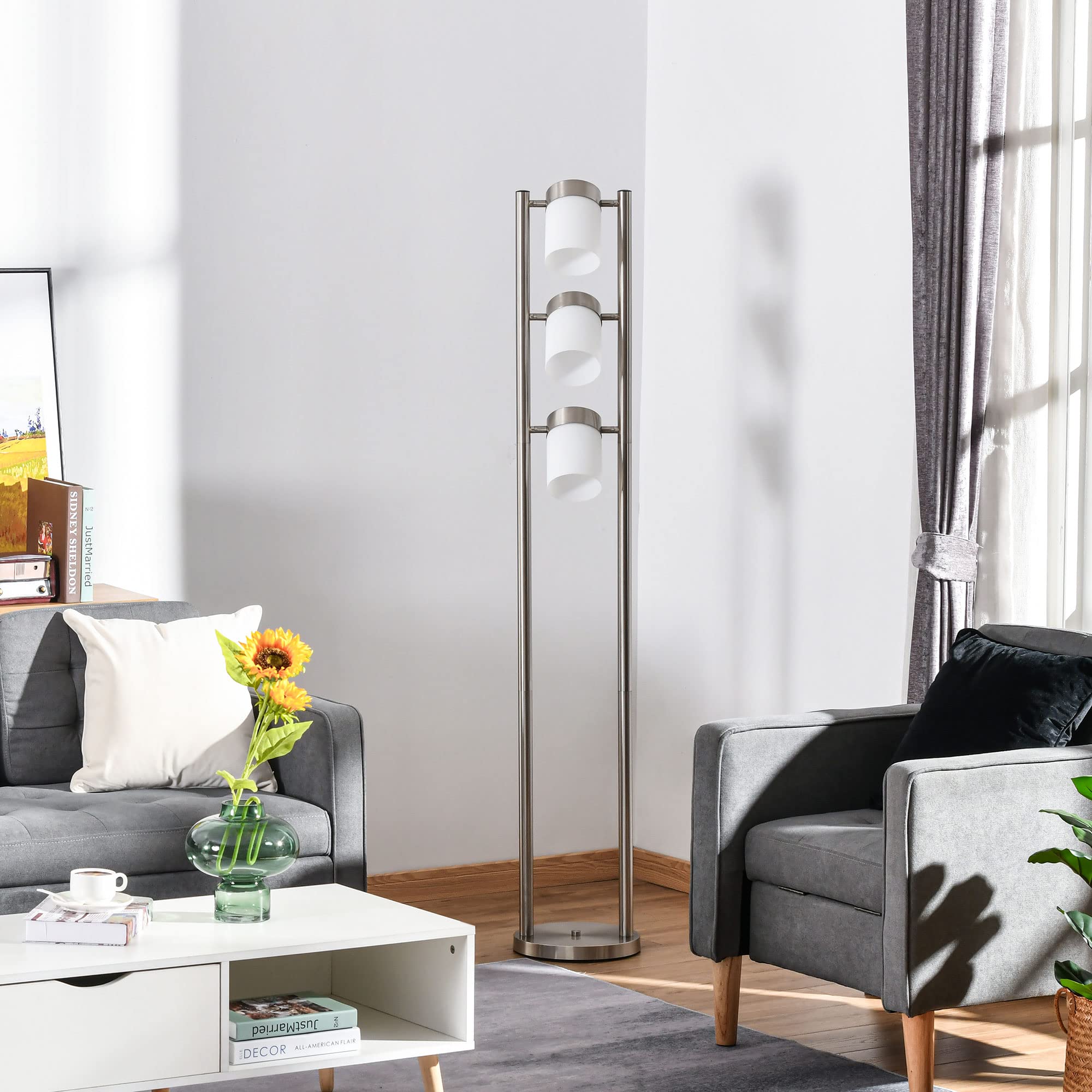 HOMCOM Floor Lamp, Modern Standing Light with 3 Rotating Lights for Living Room, Bedroom, Office, Silver