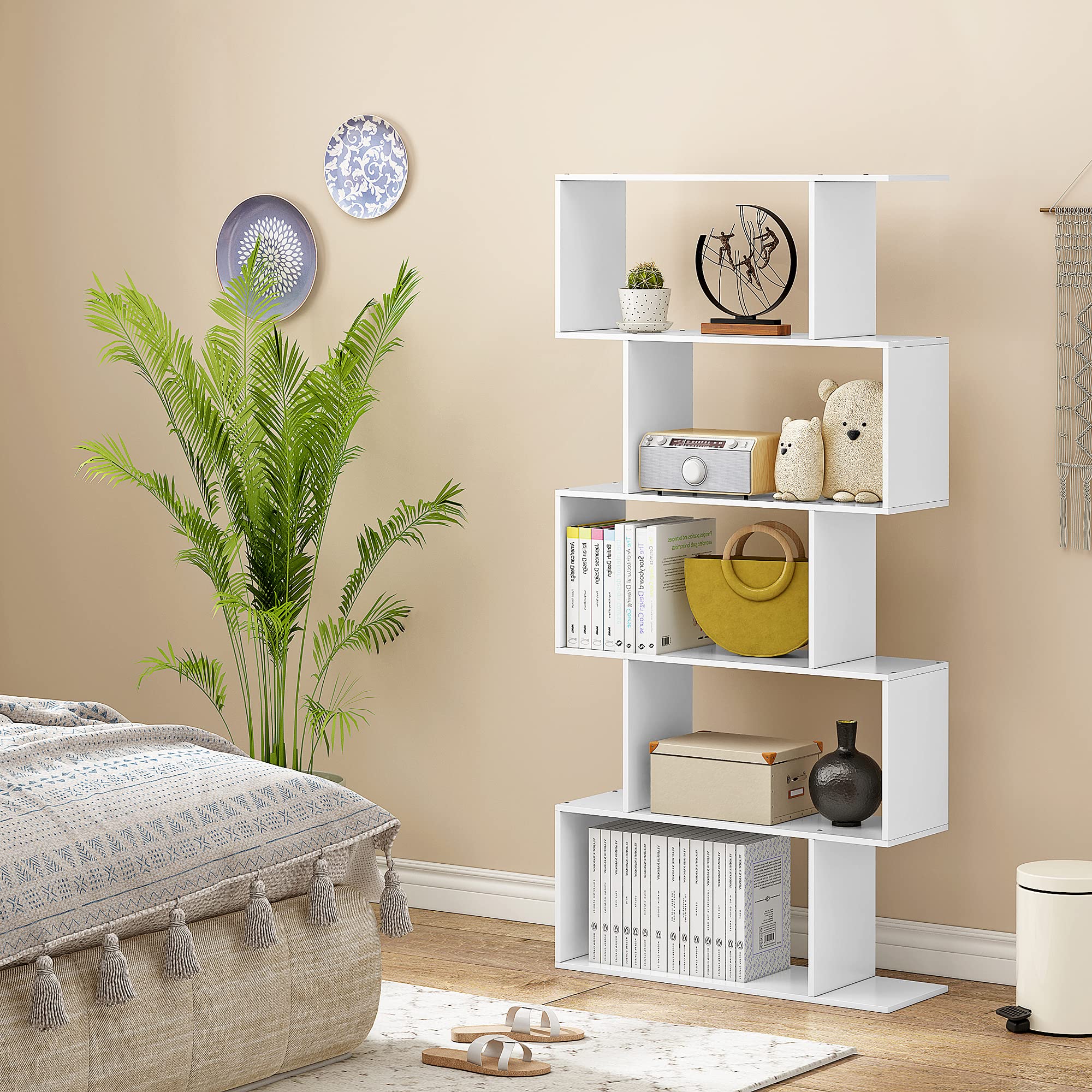 Function Home 5-Tier Geometric Bookcase, Freestanding S Shaped Bookshelf, Modern Multifunctional Display Shelves, White Book Shelf for Bedroom Living Room