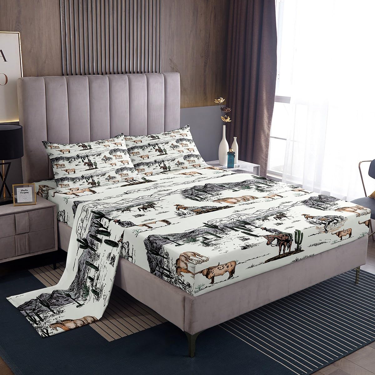 Western Cowboy Sheet Set Twin Size,Vintage Southwest Style Bed Sheets Desert Cactus Cow Horse Animals Bedding Set for Kids Boys Girls Adult Room Decor,Grey Brown White Fitted + Flat Sheet 3Pcs