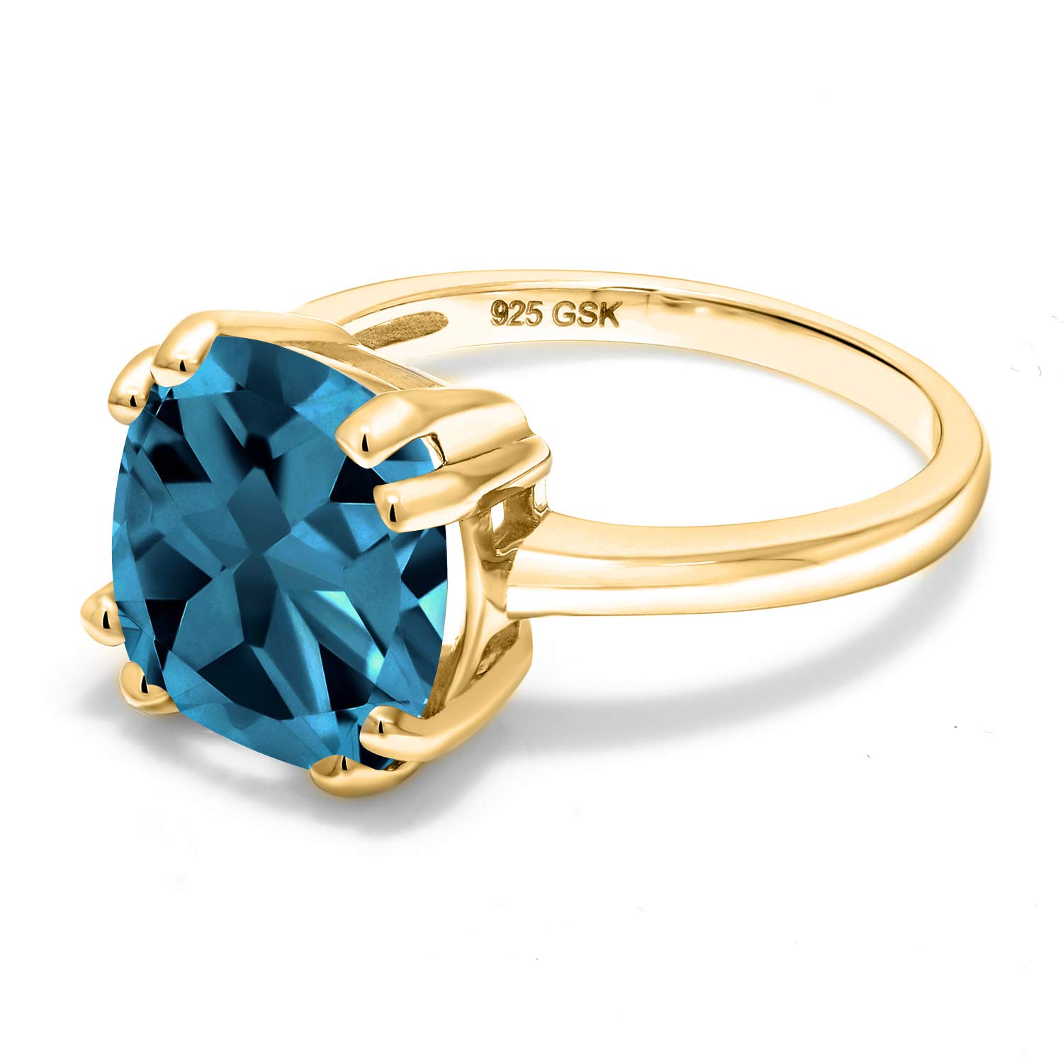 Gem Stone King 18K Yellow Gold Plated Silver London Blue Topaz Ring For Women (5.20 Cttw, Cushion 10MM, Gemstone Birthstone, Available In Size 5, 6, 7, 8, 9)
