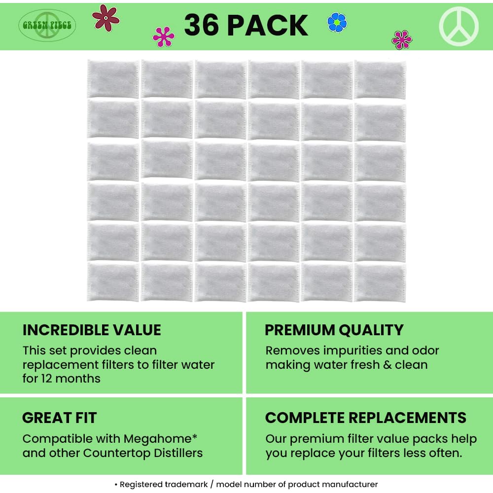Green Piece® Activated Charcoal Water Filter Replacements - Great for Megahome and Other Countertop Water Distillers - Pack of 36 - Deluxe Version