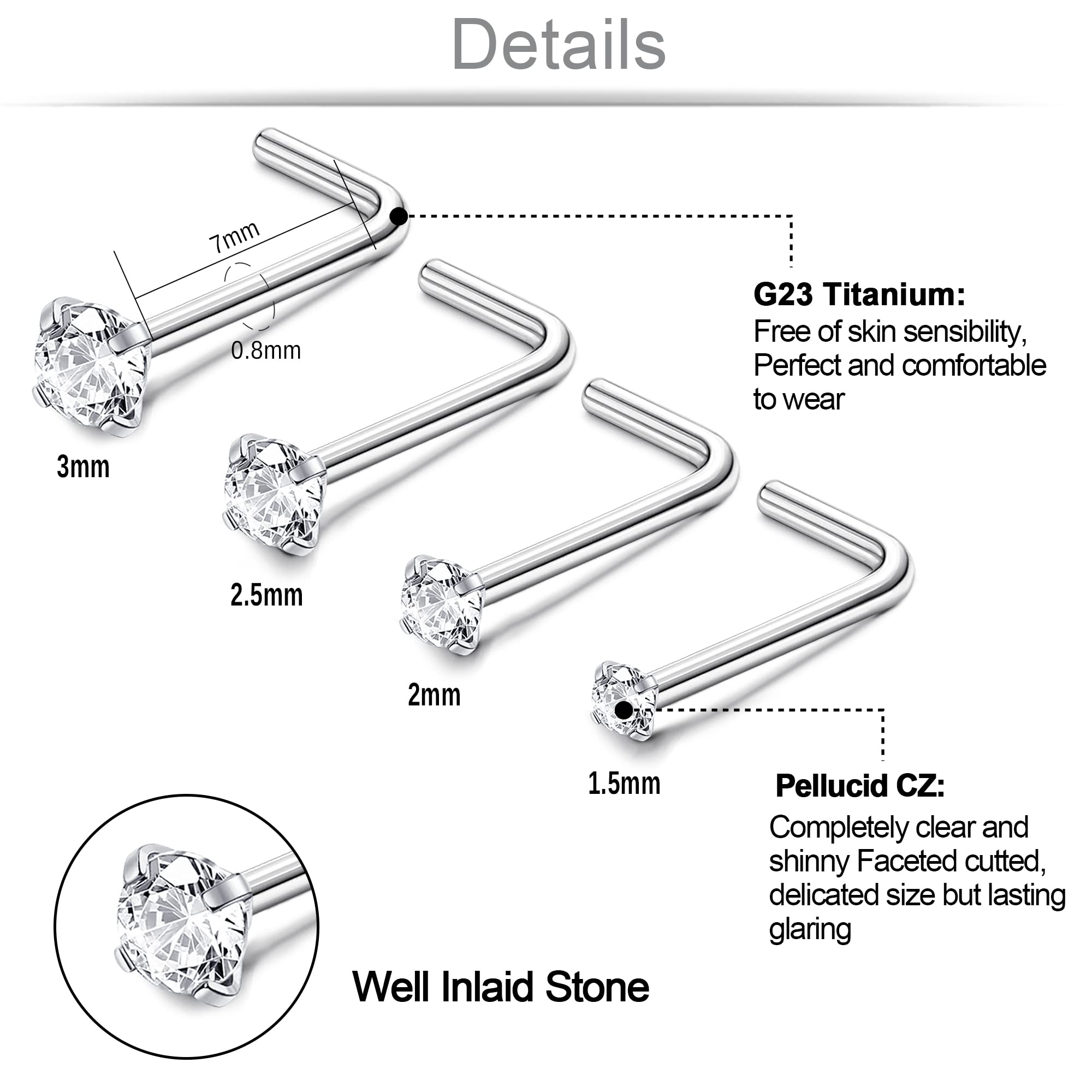 IRONBOX 20G Titanium Nose Ring Studs for Women Men Square Round CZ Nose Stud L Shape Screw Nose Rings Nostril Piercing Jewelry