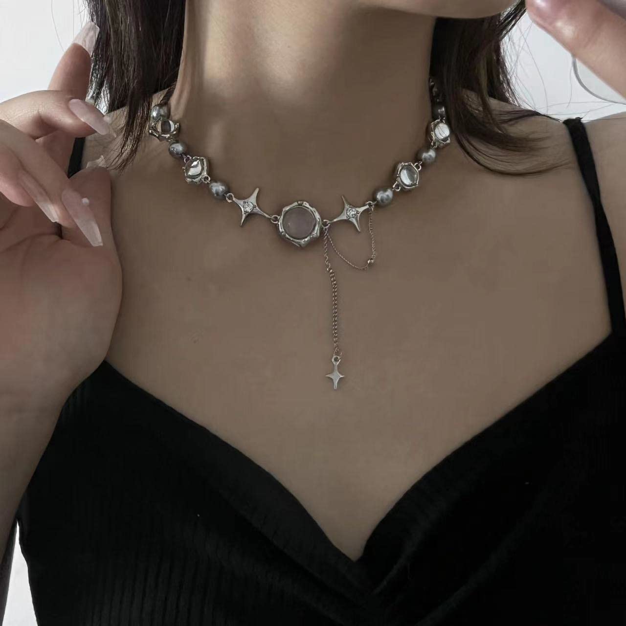 gothapy Y2k Star Moonstone Necklace Set Punk Irregular Agate Grunge Rings Gothic Downtown Girl Choker for Women Egirls