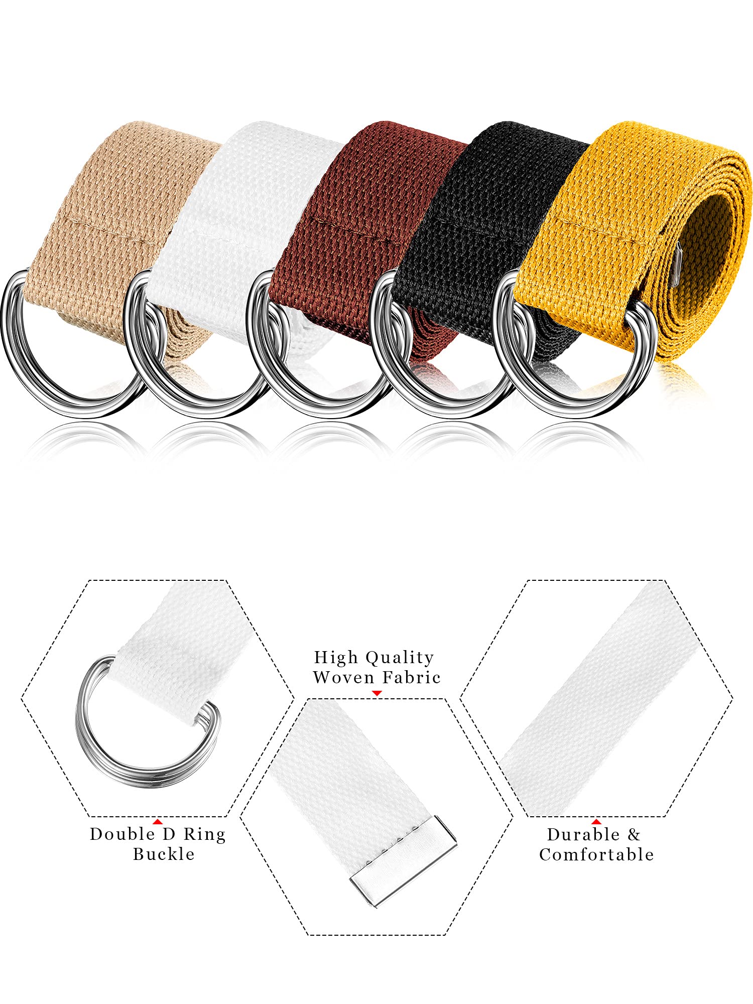 Geyoga 5 Pieces Canvas Belts D Ring Web Belt for Men Women, Fabric Belt with Double Buckle for Pants Skirts Shirts Christmas Favor