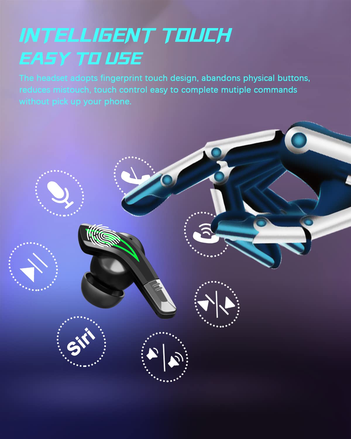 Gaming Earbuds Wireless, Megadream 40ms Low-Latency Gaming Earphones, BT 5.2 Auto Pairing Headsets with LED Light, Mic Noise Cancelling, Music&Game Modes, Touch Enabled Earbuds for Gaming