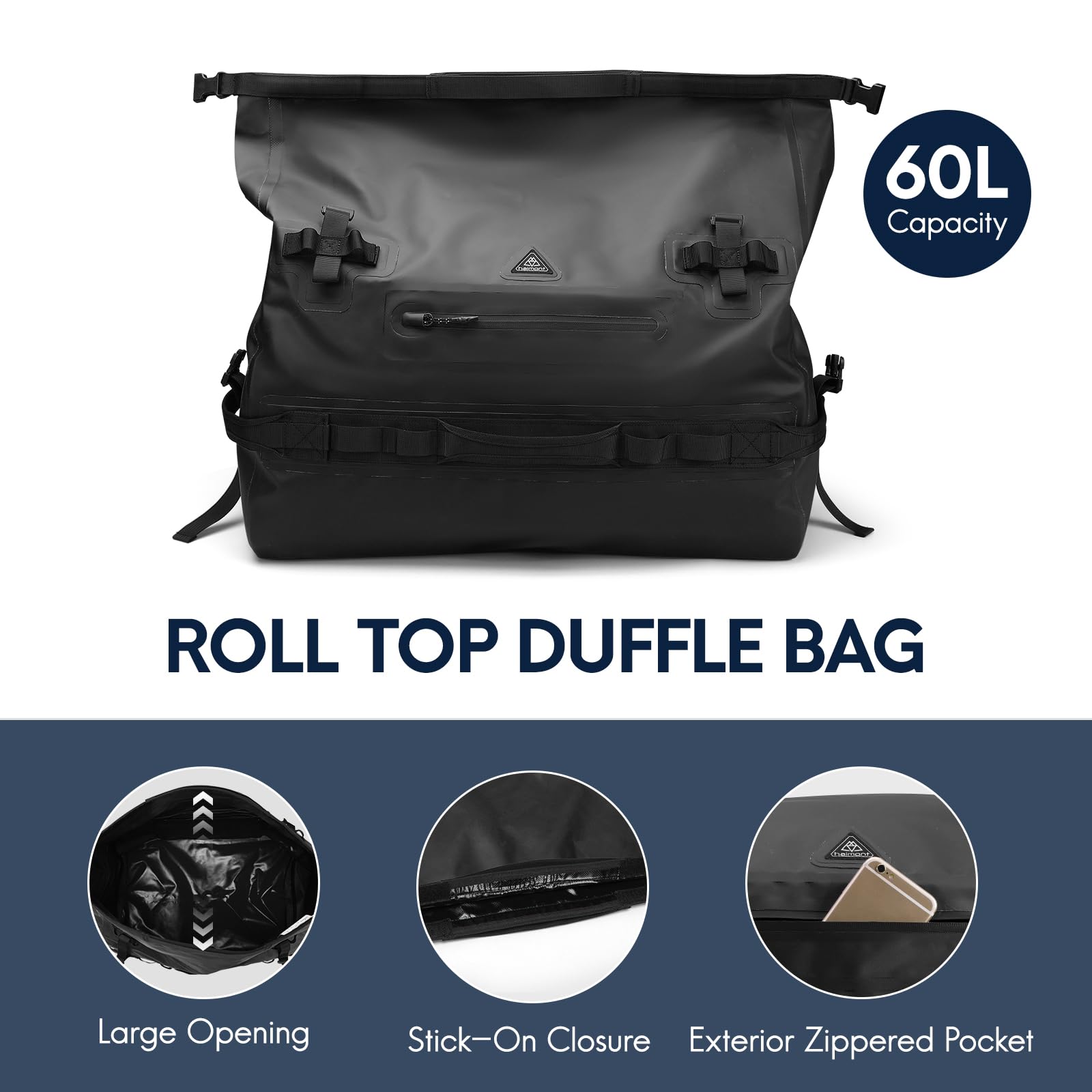 Haimont Large Waterproof Duffel Backpack Roll-Top Heavy Duty Dry Duffle Bag for Boating, Travel, Motorcycle, Kayaking, Camping, 60L, Black