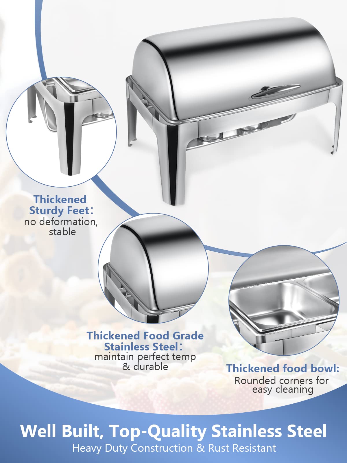 Granvell Rectangular Roll Top Chafing Dish Buffet Set, Catering Food Warmer for Parties, Wedding, Birthday, Christmas, 1 Full Size & 2 Half-Size Chafing Server Dish, 14QT Water Pan