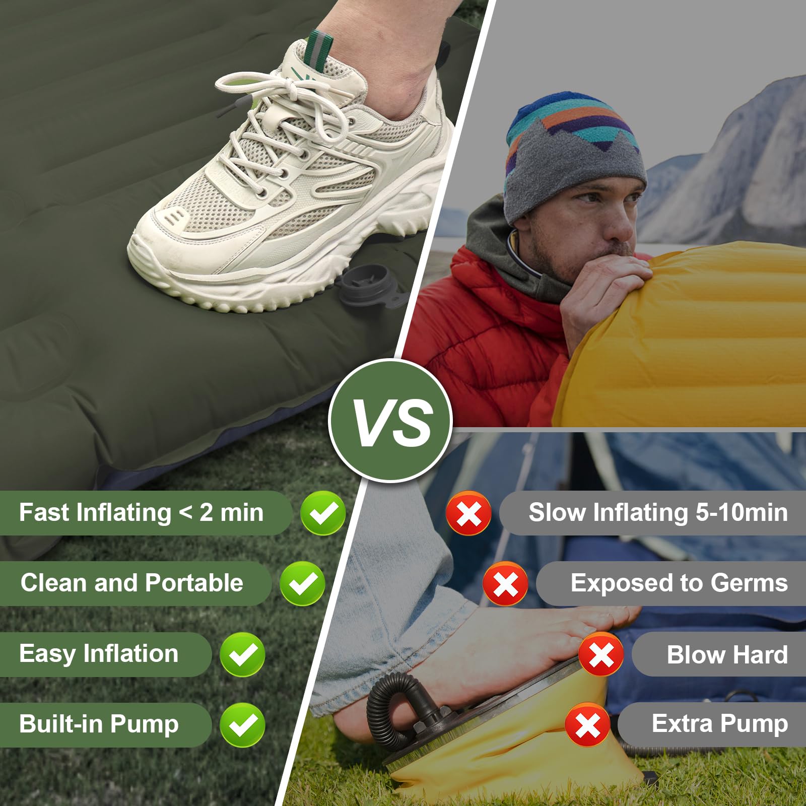 GGOV Double Sleeping Pad for Camping with Built-in Foot Pump, Extra Thick 4.7 Inch Inflatable Sleeping Pat and Pillow for Backpacking, Hiking, and Traveling