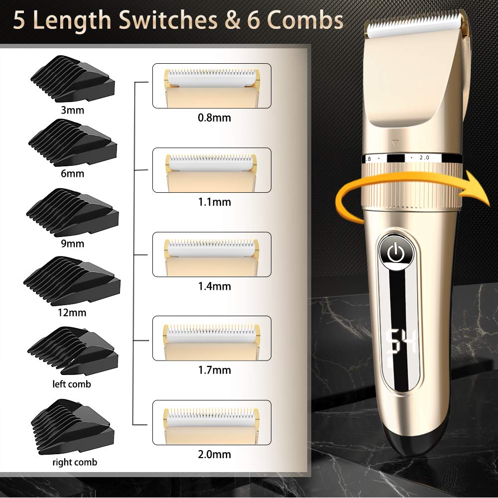 Hair Clippers for Men, DIOZO Professional Hair Trimmer Set Cordless Rechargeable Led Display Five Speed Adjustment Electric Hair Clippers with 6 Guide Combs