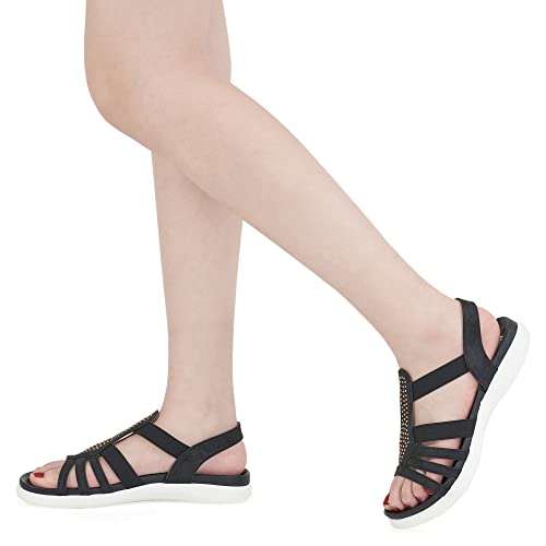 HARENCE Flat Sandals for Women Sandals with Arch Support Comfortable FootBed Orthopedic Sandals Elastic Ankle Strap Summer Casual Non Slip Walking Shoes