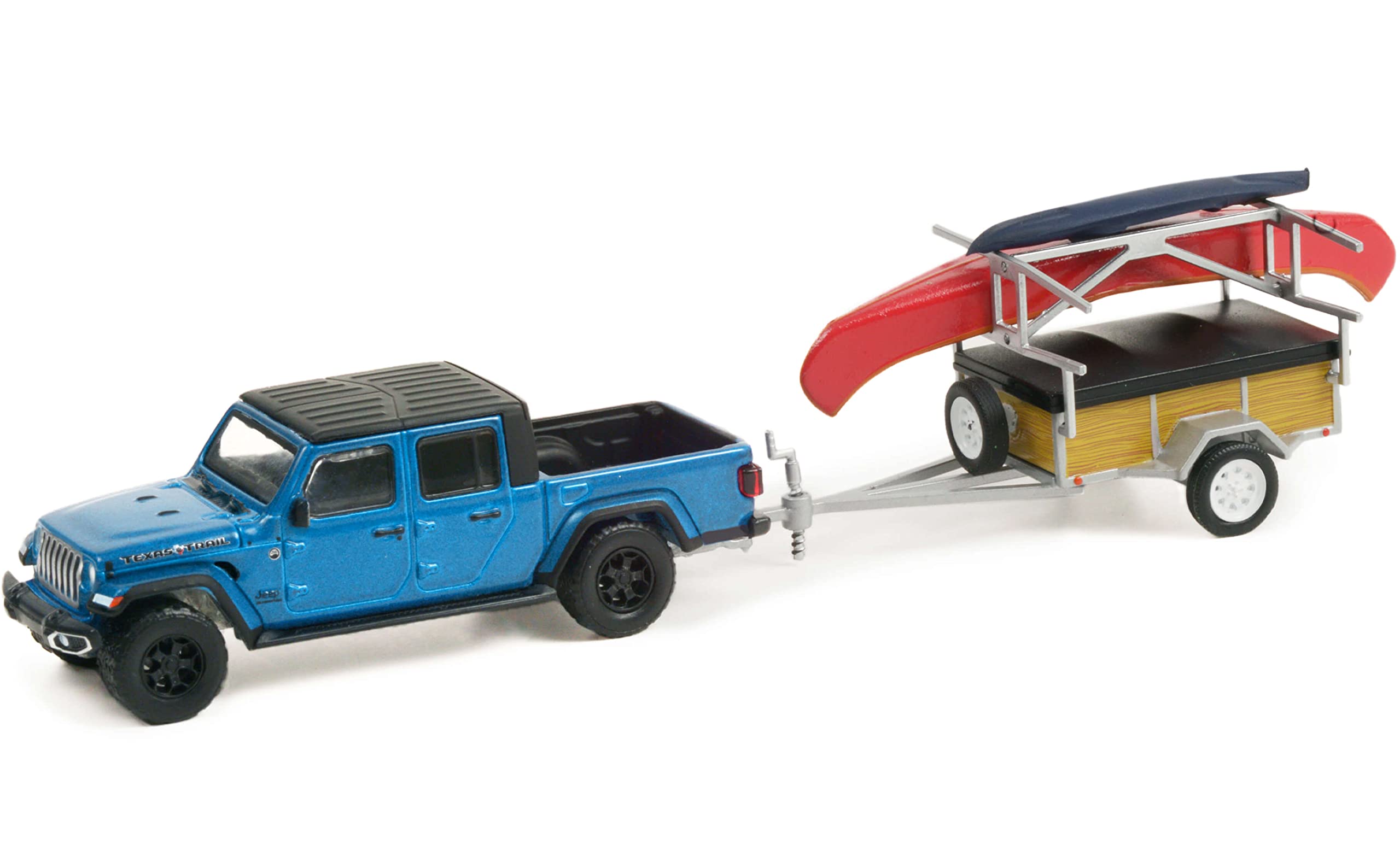 Greenlight 2021 Gladiator Texas Trail Ltd Ed Pickup Hydro Blue Pearl w/Canoe Trailer & Canoe Rack w/Canoe & Kayak 1/64 Diecast Model Car 32240 C