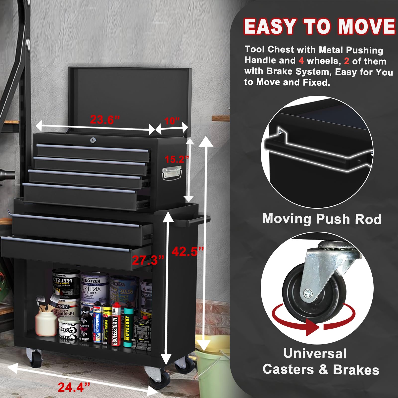 GGUV 8 Drawer Rolling Tool Chest, Large Tool Cabinet with Wheels, Detachable Toolbox Storage with 6 Hooks and Drawer Liners for Garage, Repair Shop, Workshop, Large Capacity, Black