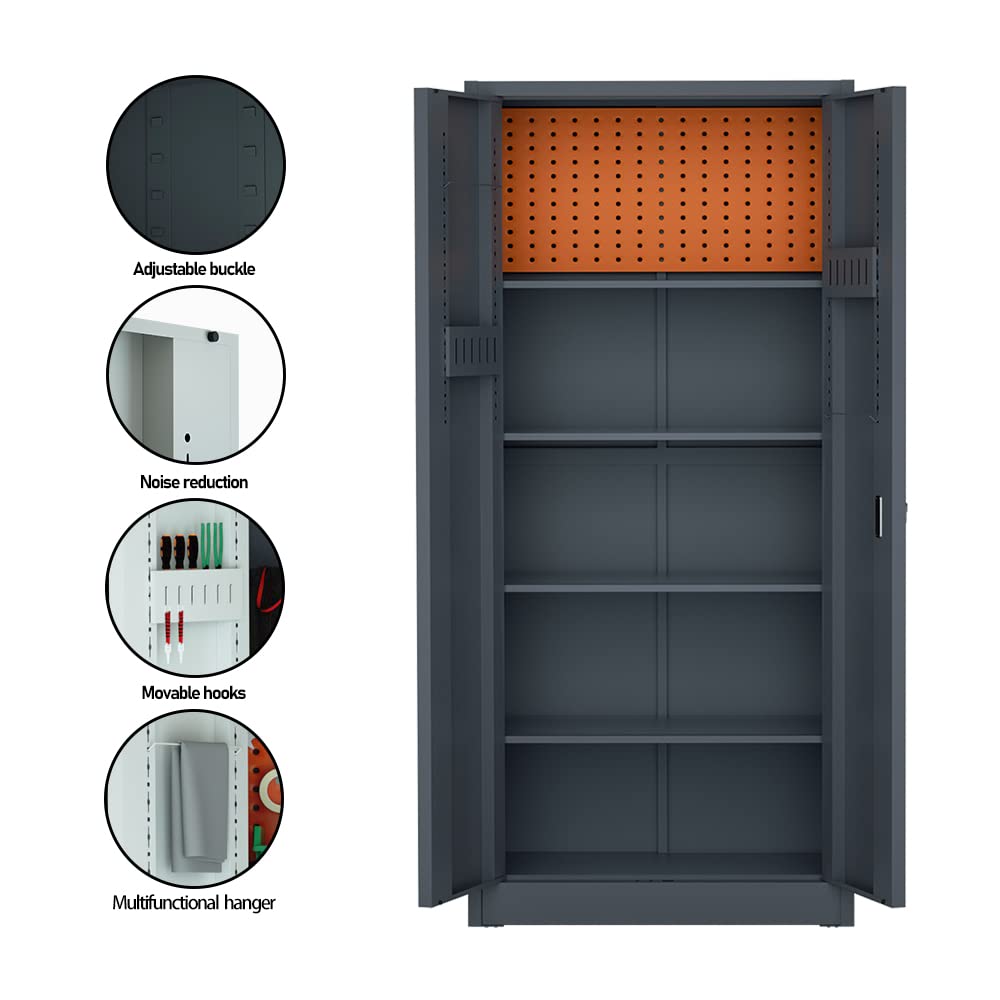 Garage Storage Cabinet Metal Storage Cabinet with 2 Doors and 4 Adjustable Shelf Height and Leg Levelers for Office, Home, School, Garage (Dark Gray, 43 inch)